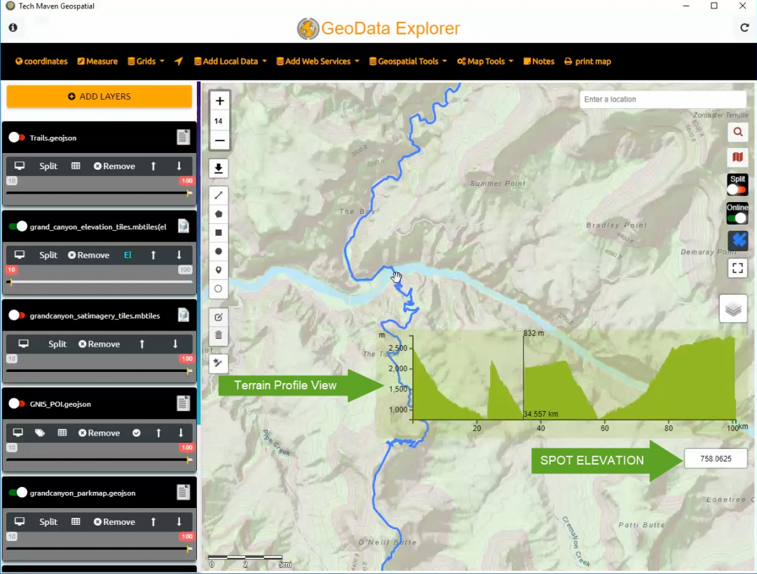 View Spot Elevation and Terrain Profile View - GeoData Explorer App
